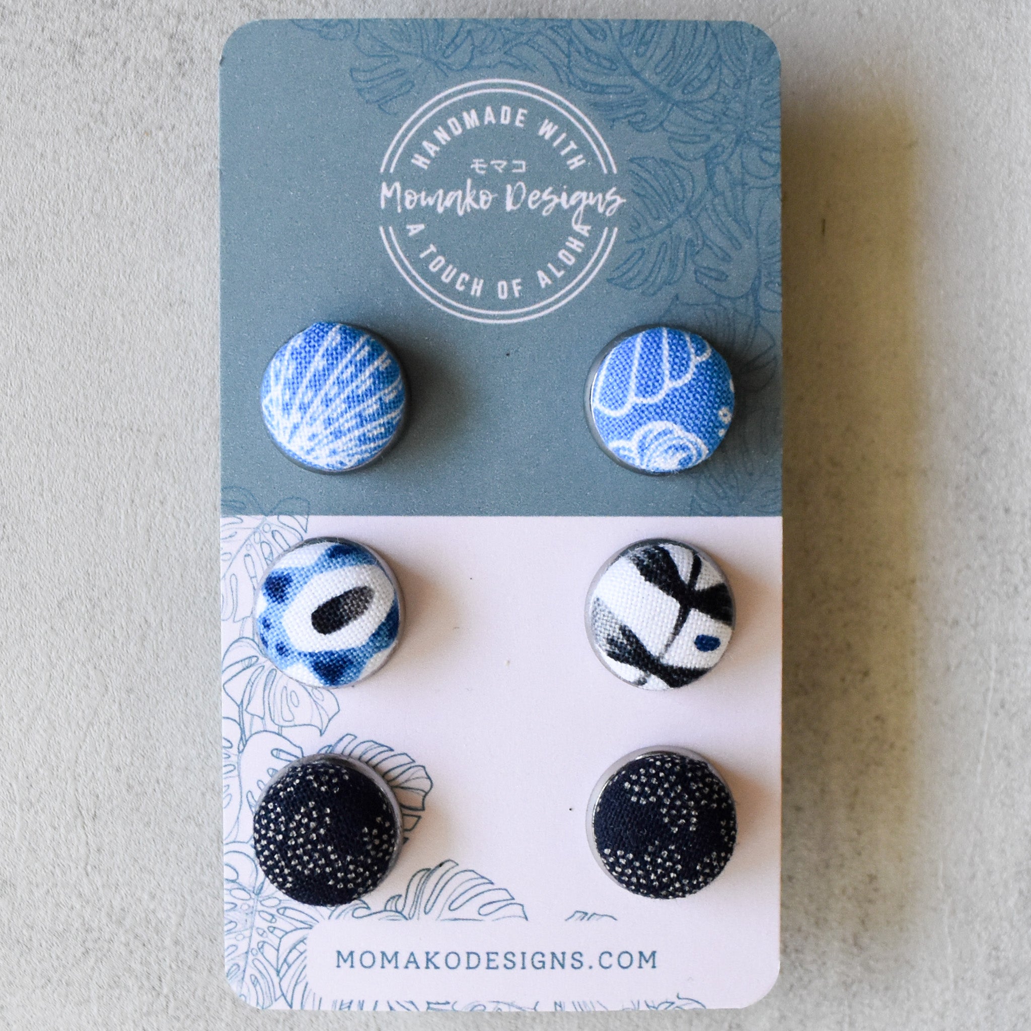 Blue Vixen Stud Set – Gunmetal Blue & White Shell Leaf Floral Earrings ...